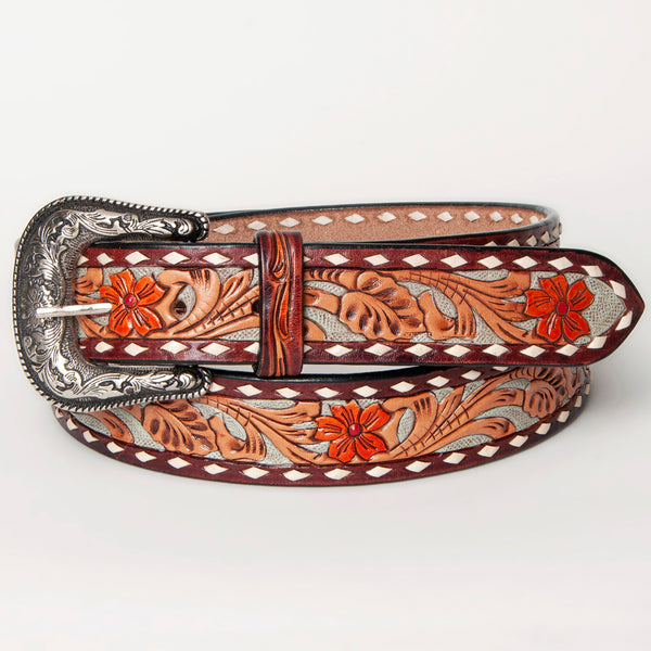 LC-ADBLF120 Tooled Leather Belt - Red Floral with Tan Scrolls and Diam ...