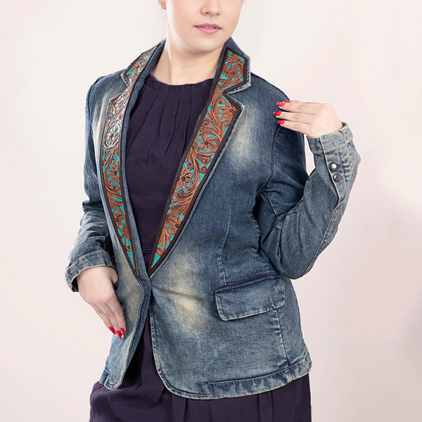 LC-ADBZ018 Women's Vintage Denim Western Blazer with Turquoise Tooled ...